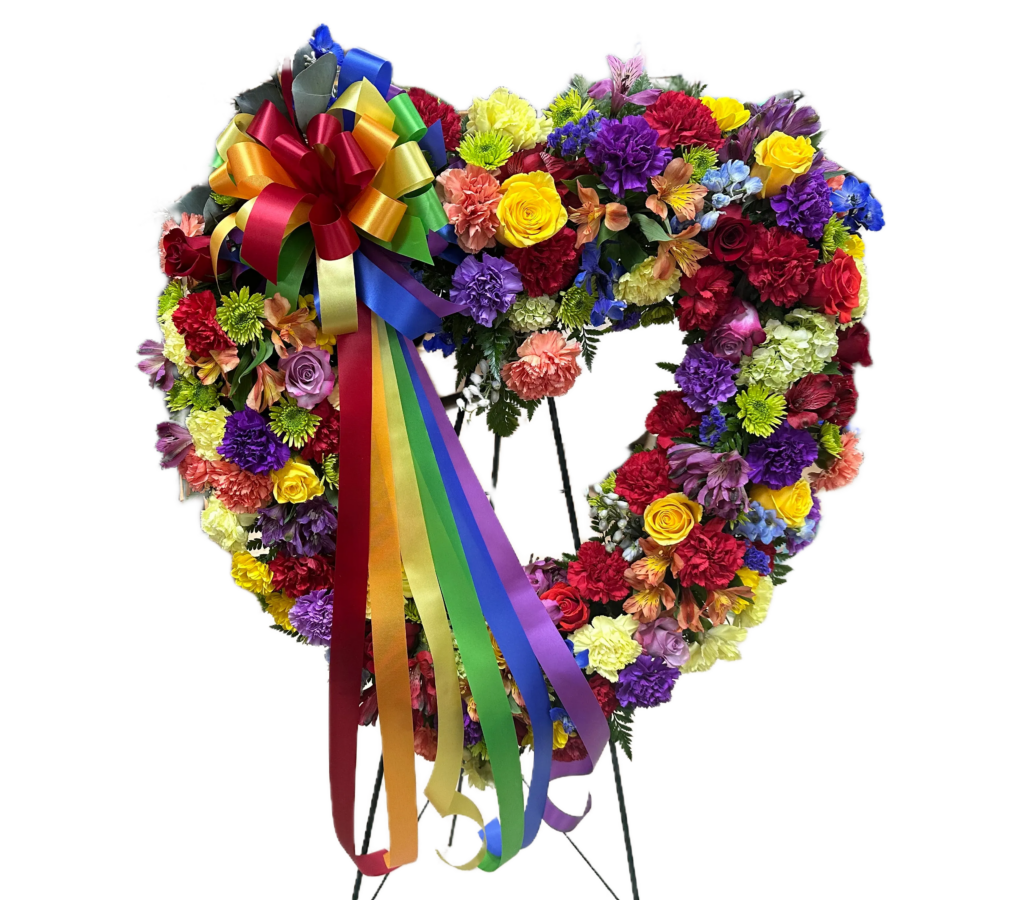Rainbow Heart Standing Spray - Wheeler & Woodlief Funeral Home ...